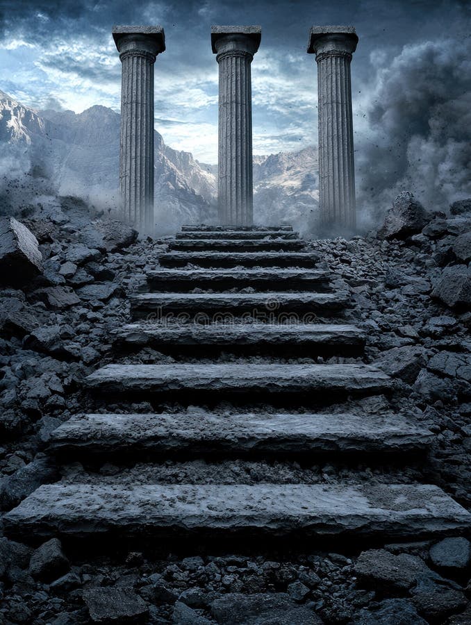 Dramatic Ancient Ruins with Towering Columns and Stormy Sky Stock ...