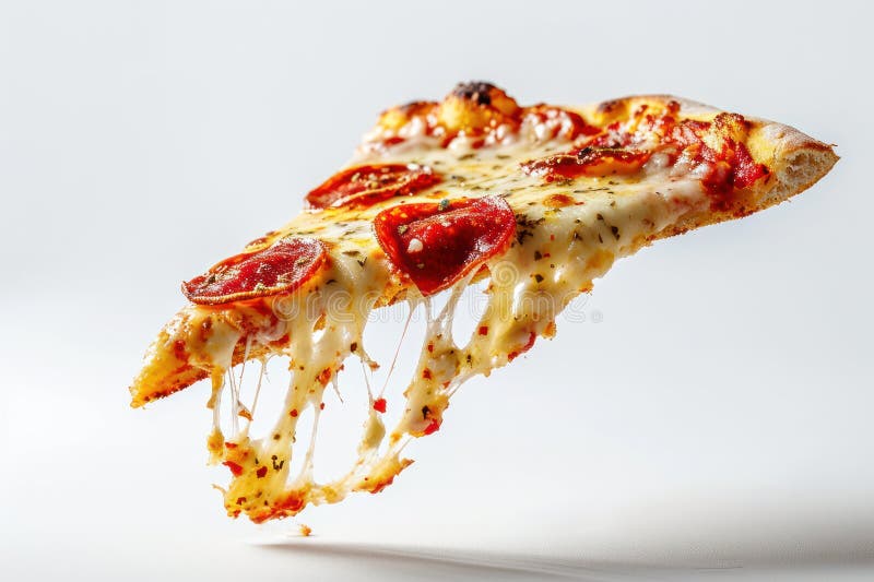Dramatic Angle of a Floating Pizza Slice with Cheese Stretch and ...