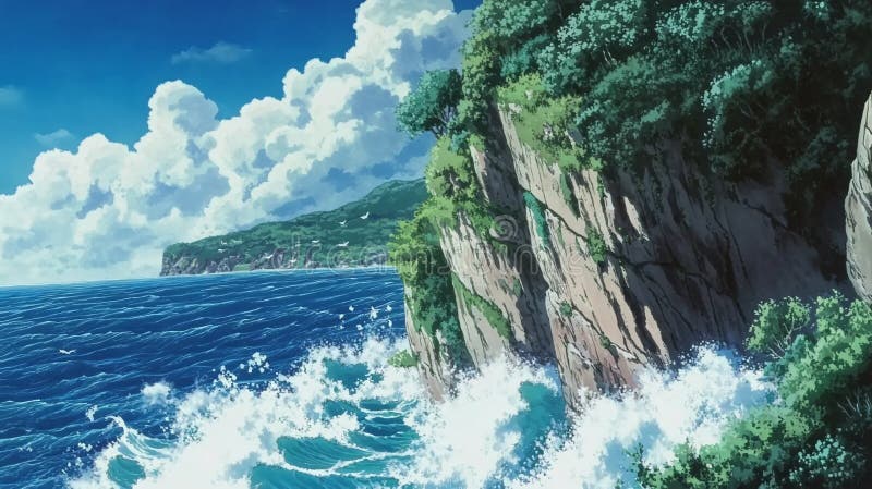 A Dramatic Anime Cliffside with Waves Crashing Below. Stock ...