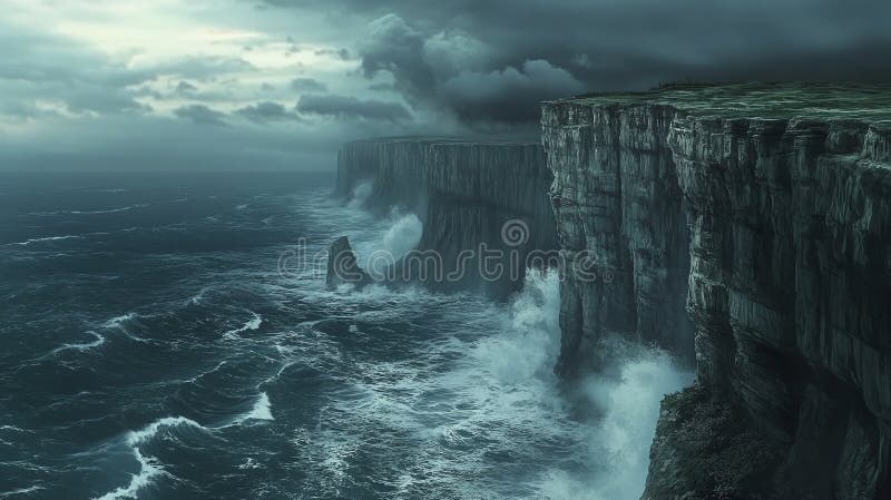 A Dramatic Anime Cliffside with Waves Crashing Below. Stock ...