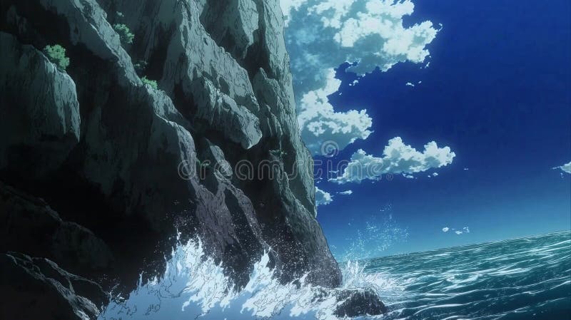A Dramatic Anime Cliffside with Waves Crashing Below. Stock ...