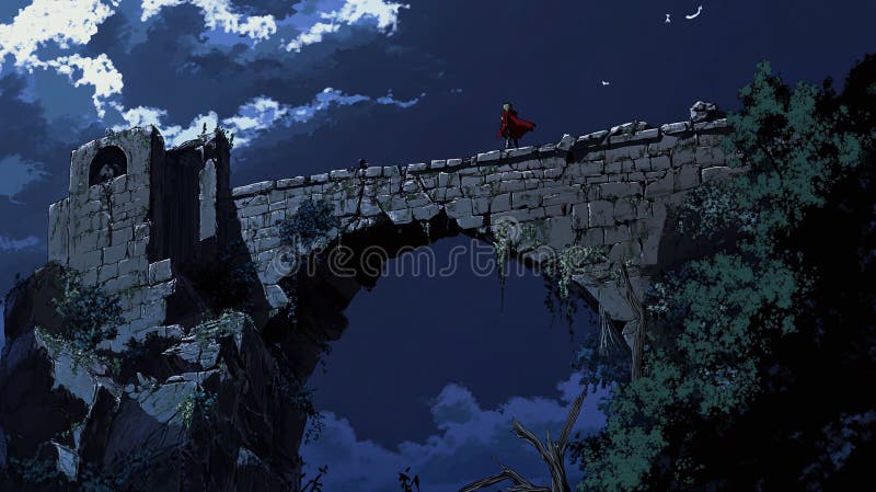 A Dramatic Anime Scene with a Hero Standing on a Collapsing Bridge ...