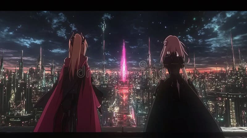 A Dramatic Anime Showdown on a Futuristic Rooftop. Stock Illustration ...