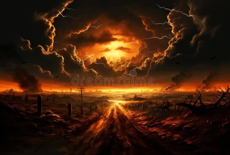 Dramatic Apocalyptic Sunset Over Desolate Landscape with Storm Clouds ...