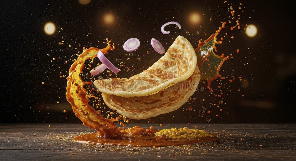 Dramatic Culinary Explosion: Paratha with Curry and Onions in Mid-air ...