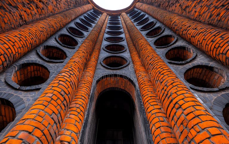 Dramatic Architecture: Towering Red Brick Columns and Circles Stock ...