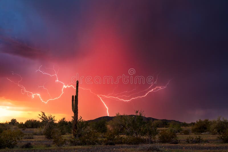 Dramatic Arizona Desert Sunset with Lightning Stock Image - Image of ...