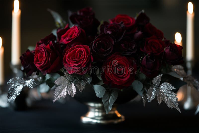 Dramatic Arrangement of Dark Red Roses Surrounded by Flickering ...
