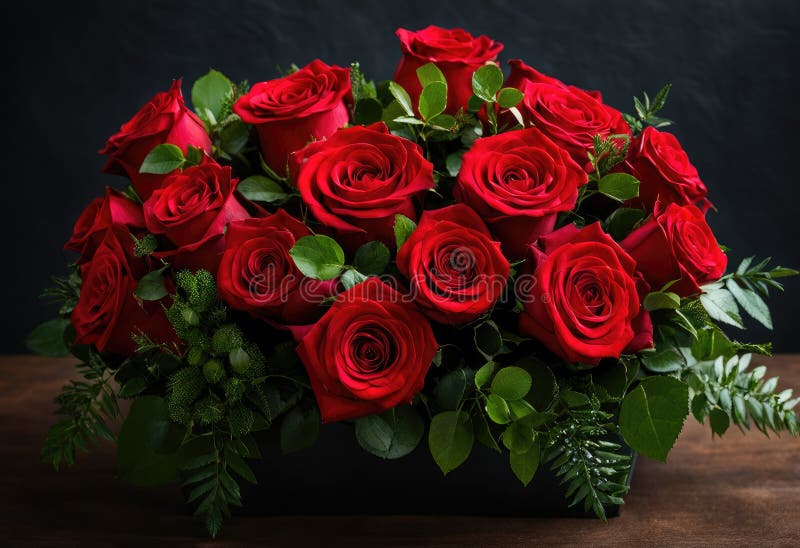 A Dramatic Arrangement of Red Roses and Greenery Stock Illustration ...