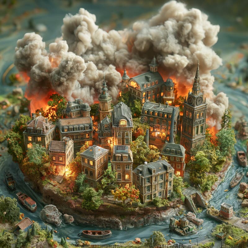 Miniature Town Being Destroyed by Smoke and Fire Stock Photo - Image of ...
