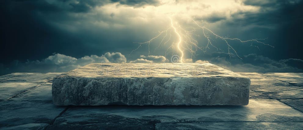Dramatic Backdrop with Raw Granite Block Under a Powerful Thunderstorm ...