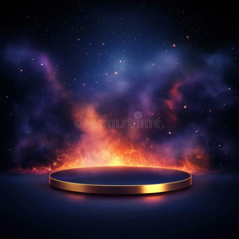 Celestial Stage: Golden Platform with Fiery Nebula Background. Stock ...
