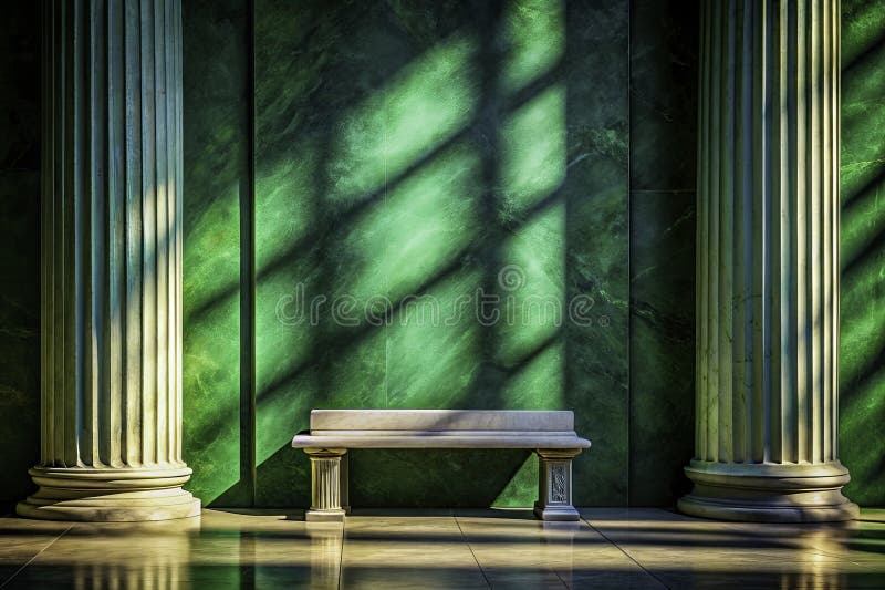 Dramatic Backlit Silhouette of Marble Bench and Columns Against a Green ...