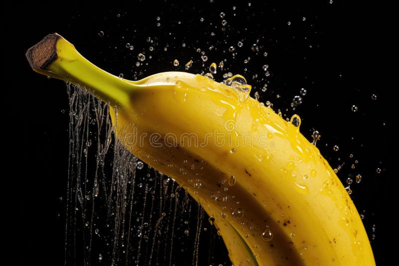 A Dramatic Banana Amidst a Splash of Water Droplets on a Black ...