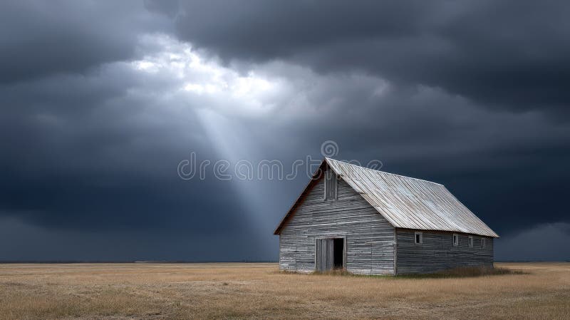 Dramatic Barn Under Dark Stormy Sky with Ray of Light Stock ...