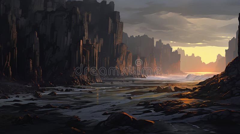 Dramatic Basalt Beach Illustration with Towering Cliffs and Rugged ...