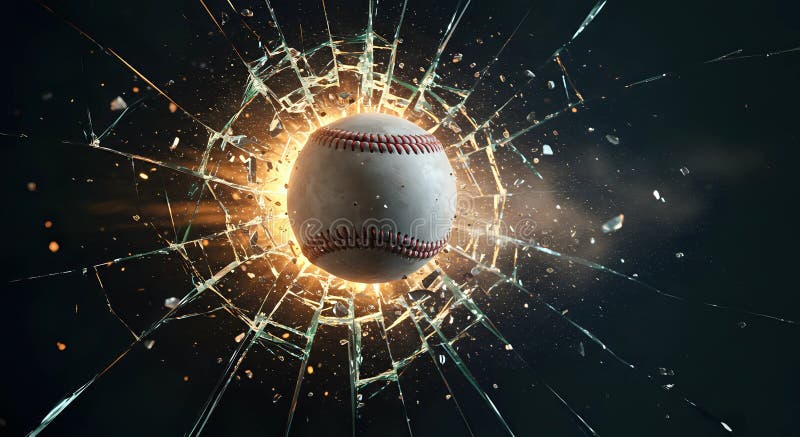Dramatic Baseball Shattering Glass with Bright Orange Glow Effect Stock ...