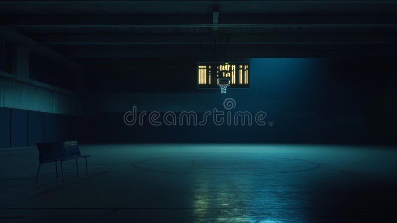 Dramatic Basketball Court Scene with Illuminated Scoreboard and Vibrant ...
