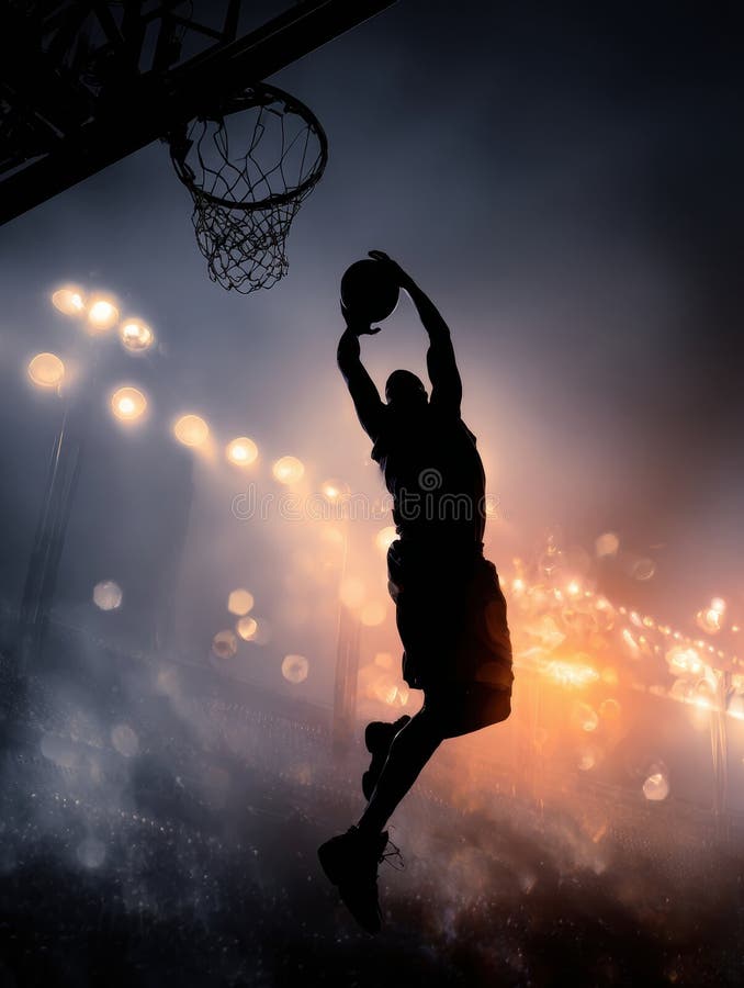 Dramatic Basketball Dunk Silhouette Illuminated by Stadium Lights ...