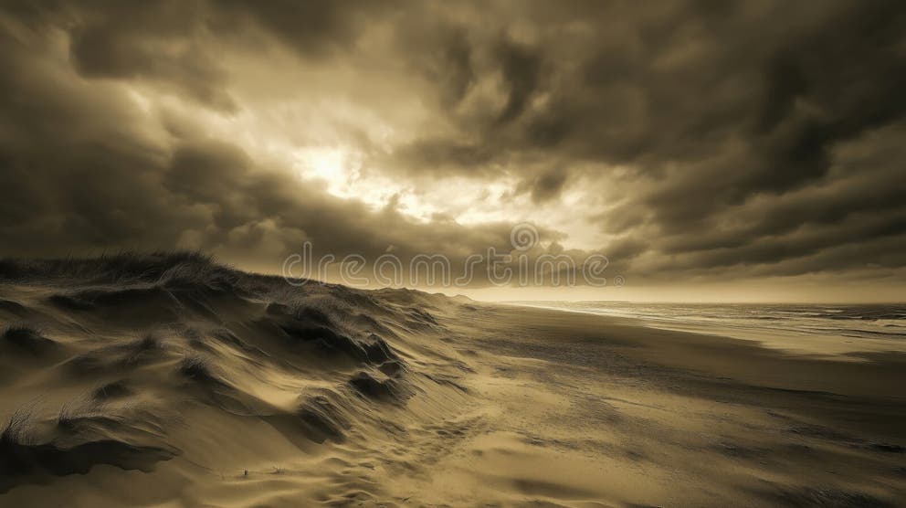 Dramatic Beach Landscape with Dark Clouds, Sandy Dunes, and Ocean Waves ...
