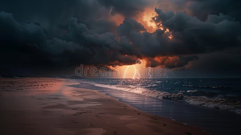 Dramatic Beach Scene with Dark Storm Clouds and Lightning Strike in ...