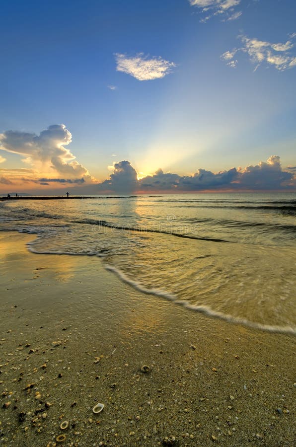 Dramatic Beach Sunset with Sky Reflection Stock Image - Image of ...