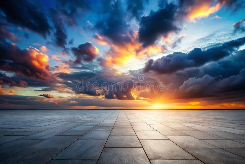 Dark Floor Background with Beautiful Sunset Cloud Night Sky Horizon ...
