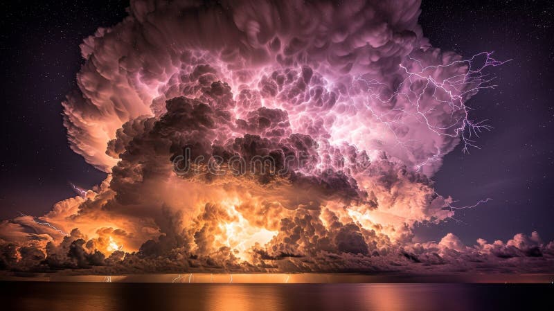 Dramatic Beauty Lightning Storm Illuminates Dark Sea Clouds in a ...