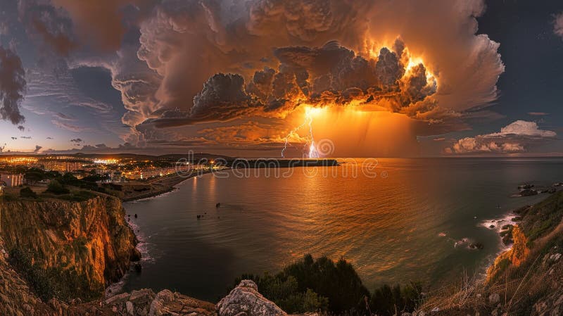 Dramatic Beauty Lightning Storm Illuminates Dark Sea Clouds in a ...