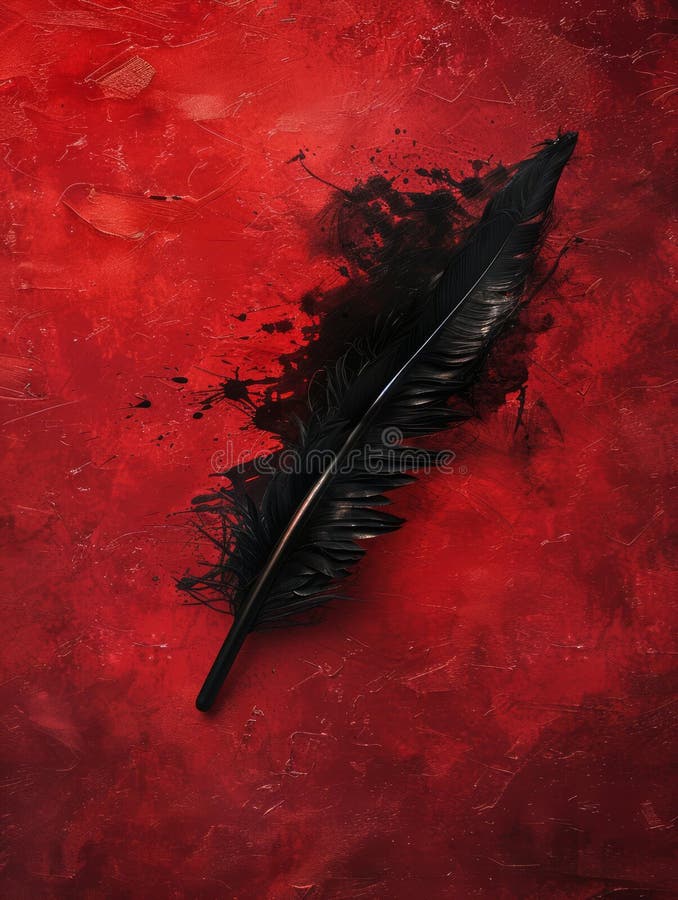 Dramatic Black Feather on Vibrant Red Background Evocative Artistic ...