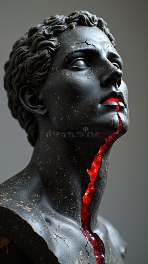 Cracked Black Marble Greek Statue with Glowing Red Crystals Stock Photo ...