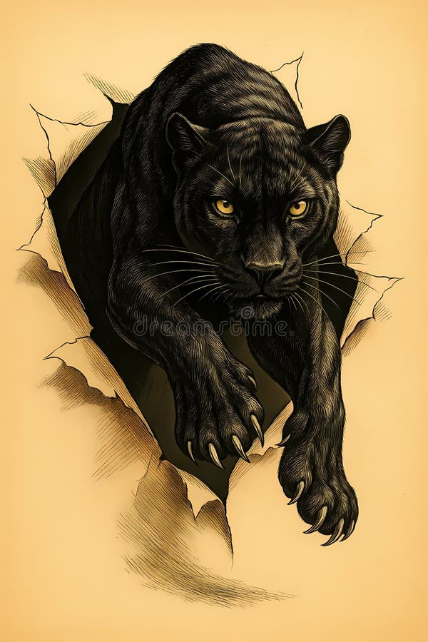 Dramatic Black Panther Leaping through Torn Paper – Realistic Ink ...