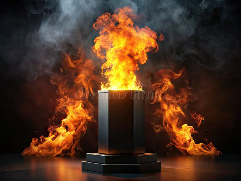 Dramatic Black Podium Fire Scene a 3D Rendered Abstract Display ...