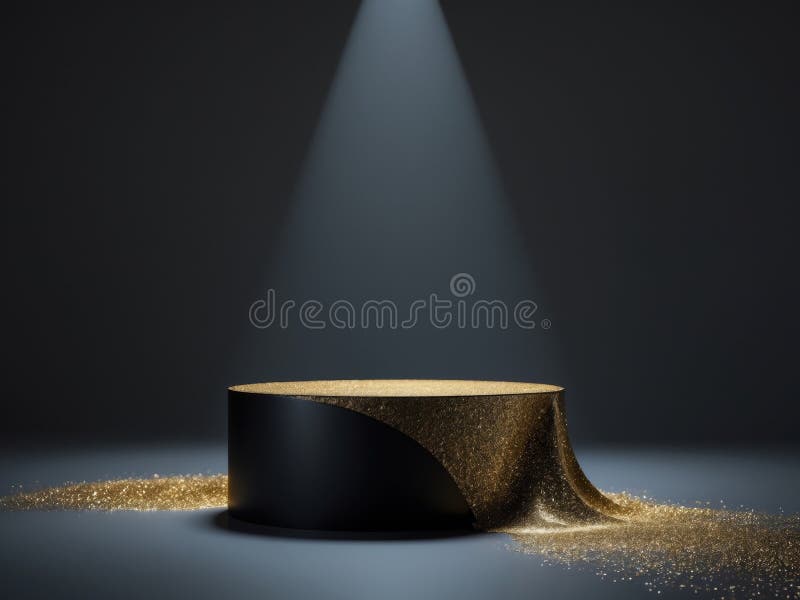 Dramatic Black Podium with Spotlight on Golden Glitter Stock Photo ...