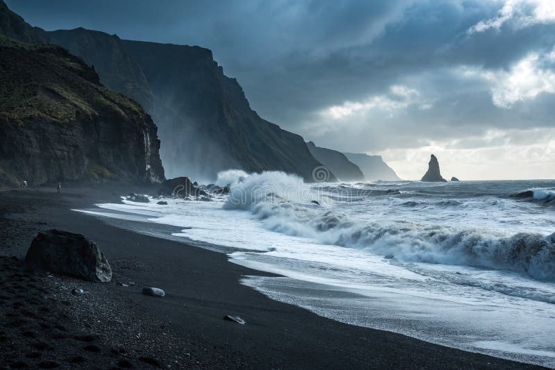 Dramatic Black Sand Beach Landscape with Waves and Cliffs Under Stormy ...