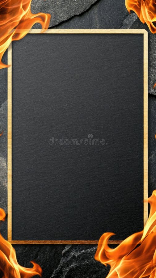 A Dramatic Black Square Frame Ablaze Against a Rugged Stone Backdrop ...