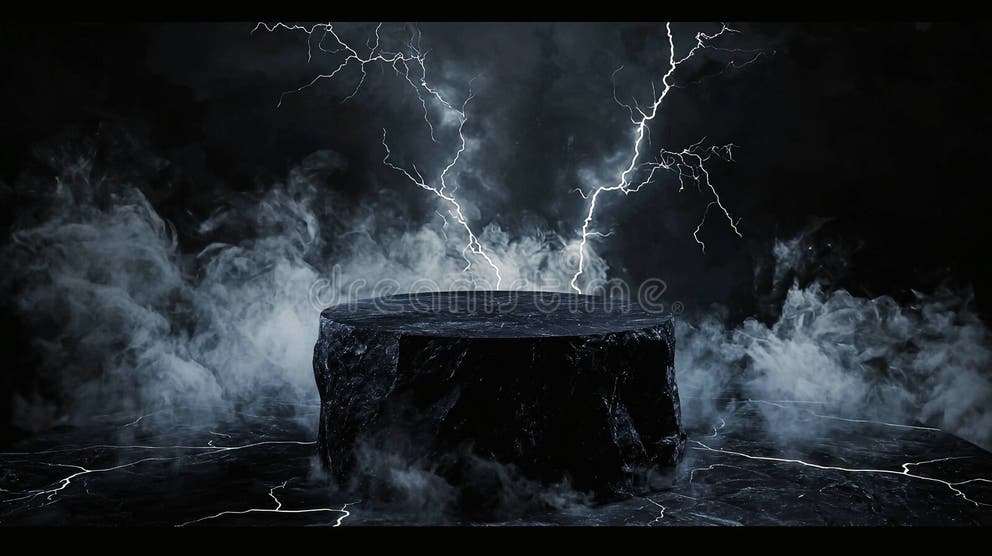 A Dramatic Black Stone Platform Surrounded by Mist and Lightning ...