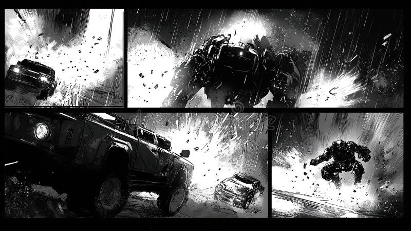 Black and White Comic Book Page with Action-packed Scenes and Dynamic ...