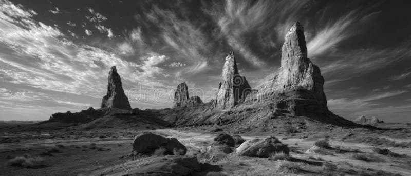 Dramatic Black and White Desert Rock Formations Under a Cloudy Sky ...