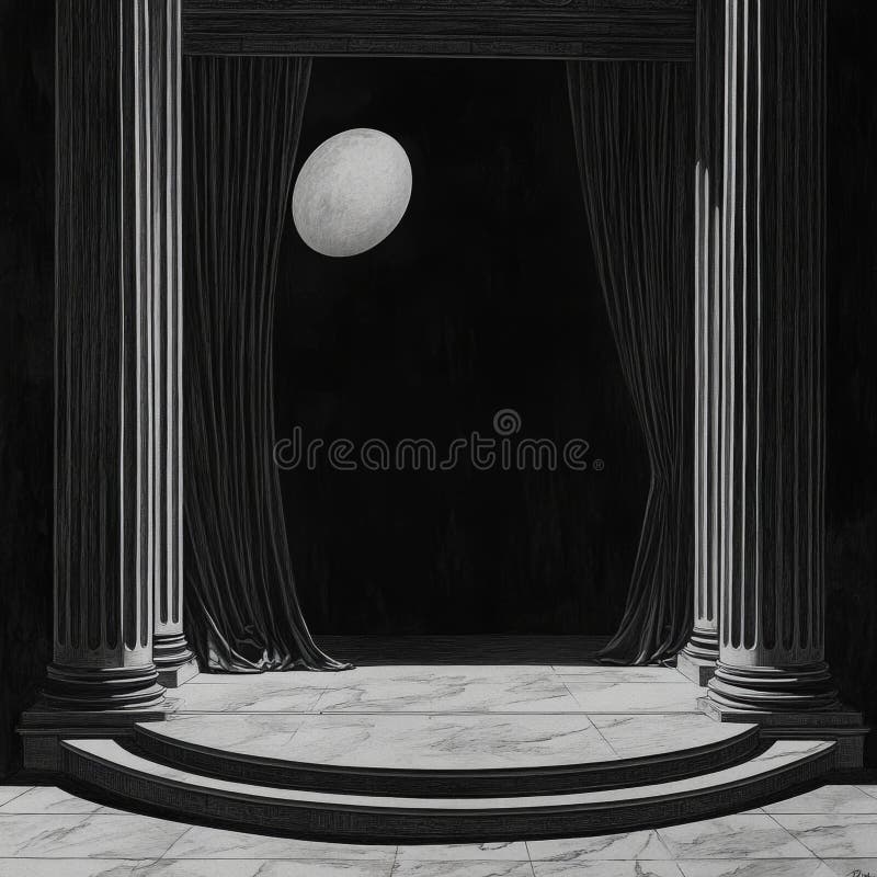 A Dramatic Black and White Illustration Features an Empty Stage ...