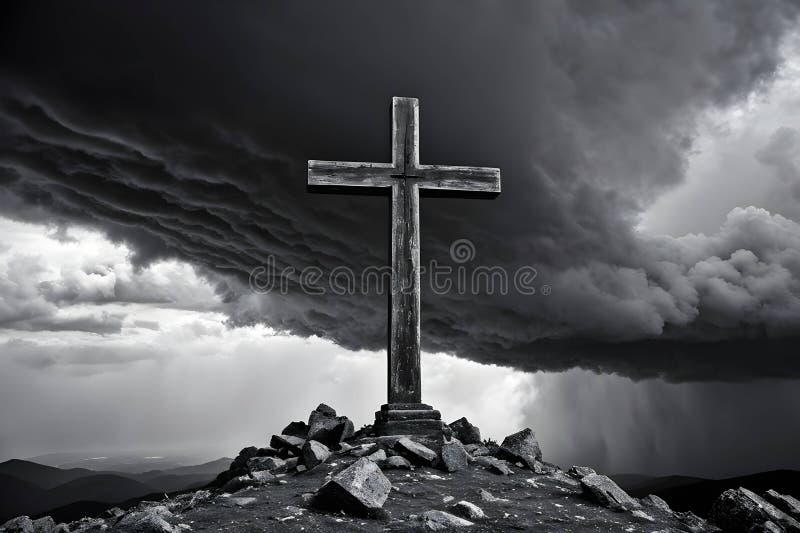 Dramatic Black and White Image of a Cross with Storm Clouds. Stock ...