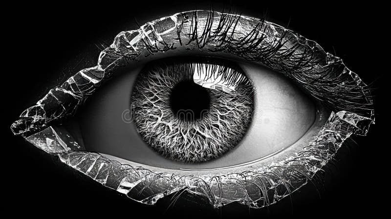 Dramatic Black and White Image of an Eye with Shattered Glass Around it ...