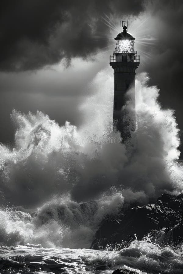 A Dramatic Black and White Image of a Lone Lighthouse Standing Resolute ...