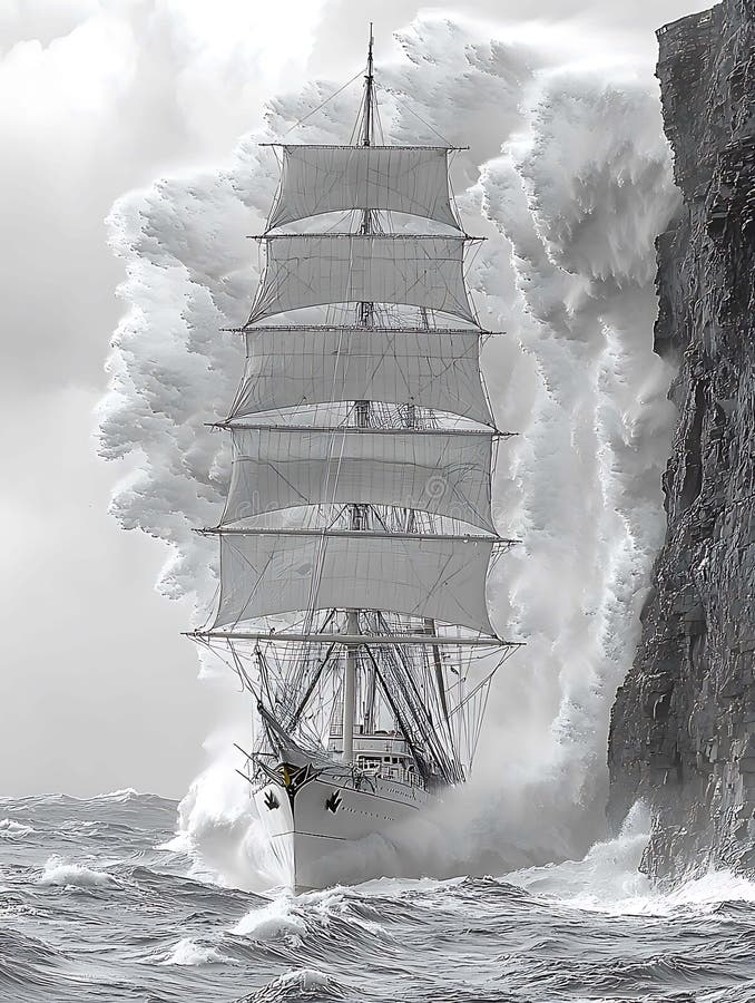 Dramatic Black and White Image of a Majestic Sailing Ship Navigating ...