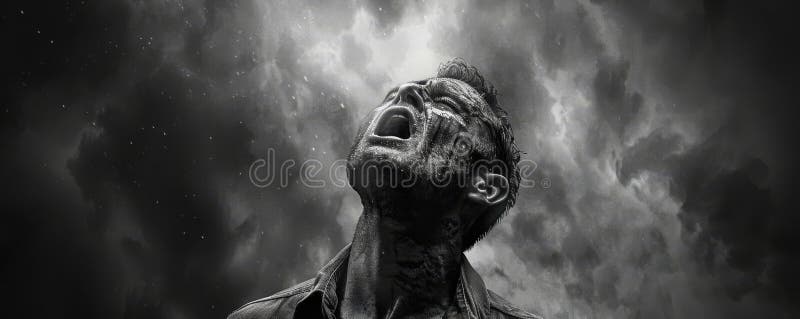 Dramatic Black and White Image of Man Looking Up with Pained Expression ...