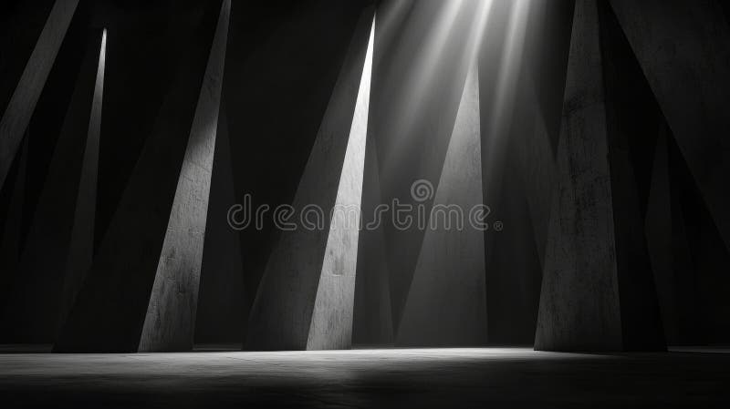 A Dramatic Black and White Image of a Room with Triangular Pillars and ...