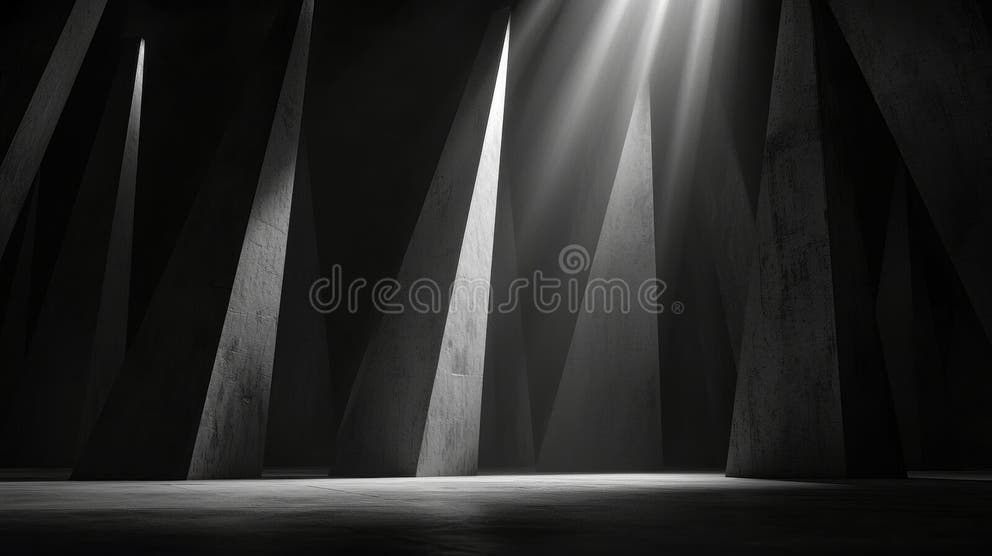 A Dramatic Black and White Image of a Room with Triangular Pillars and ...