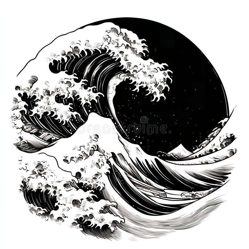 Dramatic Black and White Ink Drawing of a Large Ocean Wave Stock ...