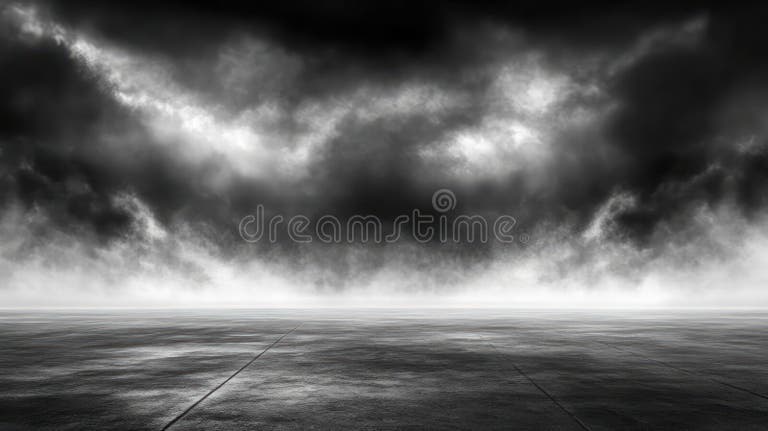 A Dramatic Black and White Landscape with Dark Clouds and a Reflective ...