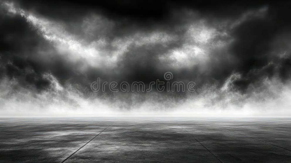 A Dramatic Black and White Landscape with Dark Clouds and a Reflective ...